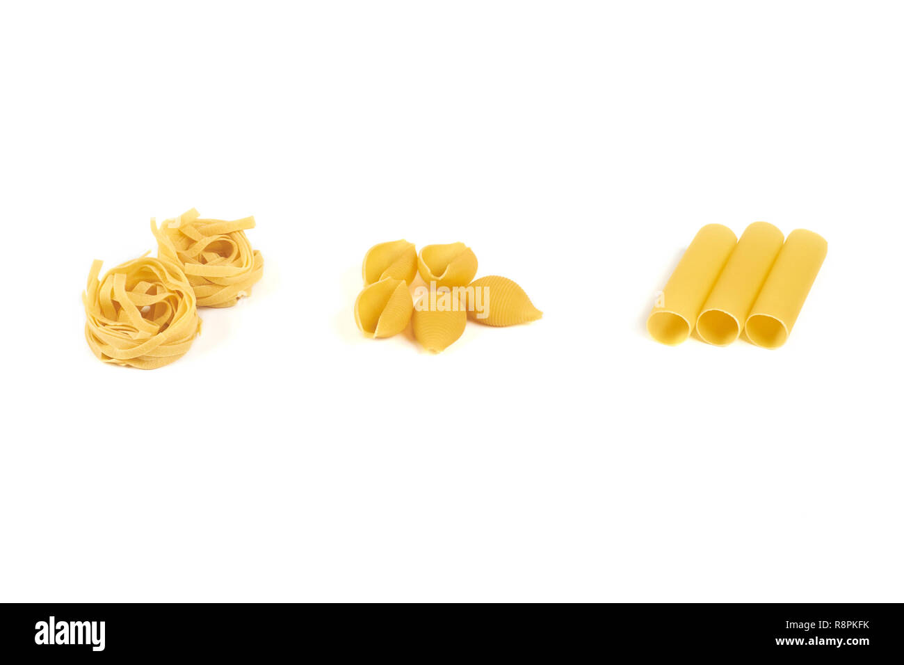 different pasta varieties isolated on white background Stock Photo - Alamy