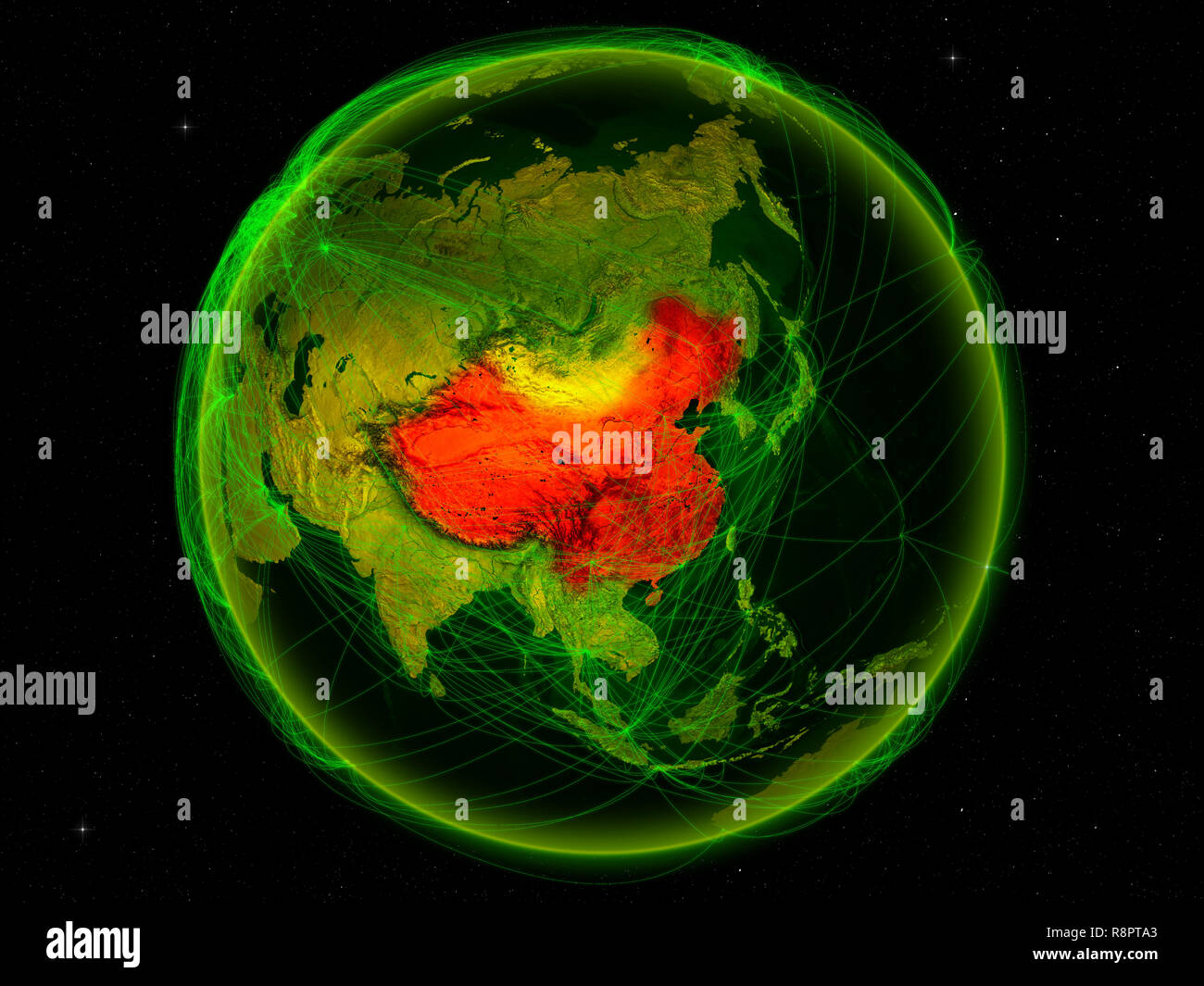 China from space on planet Earth with digital network representing ...