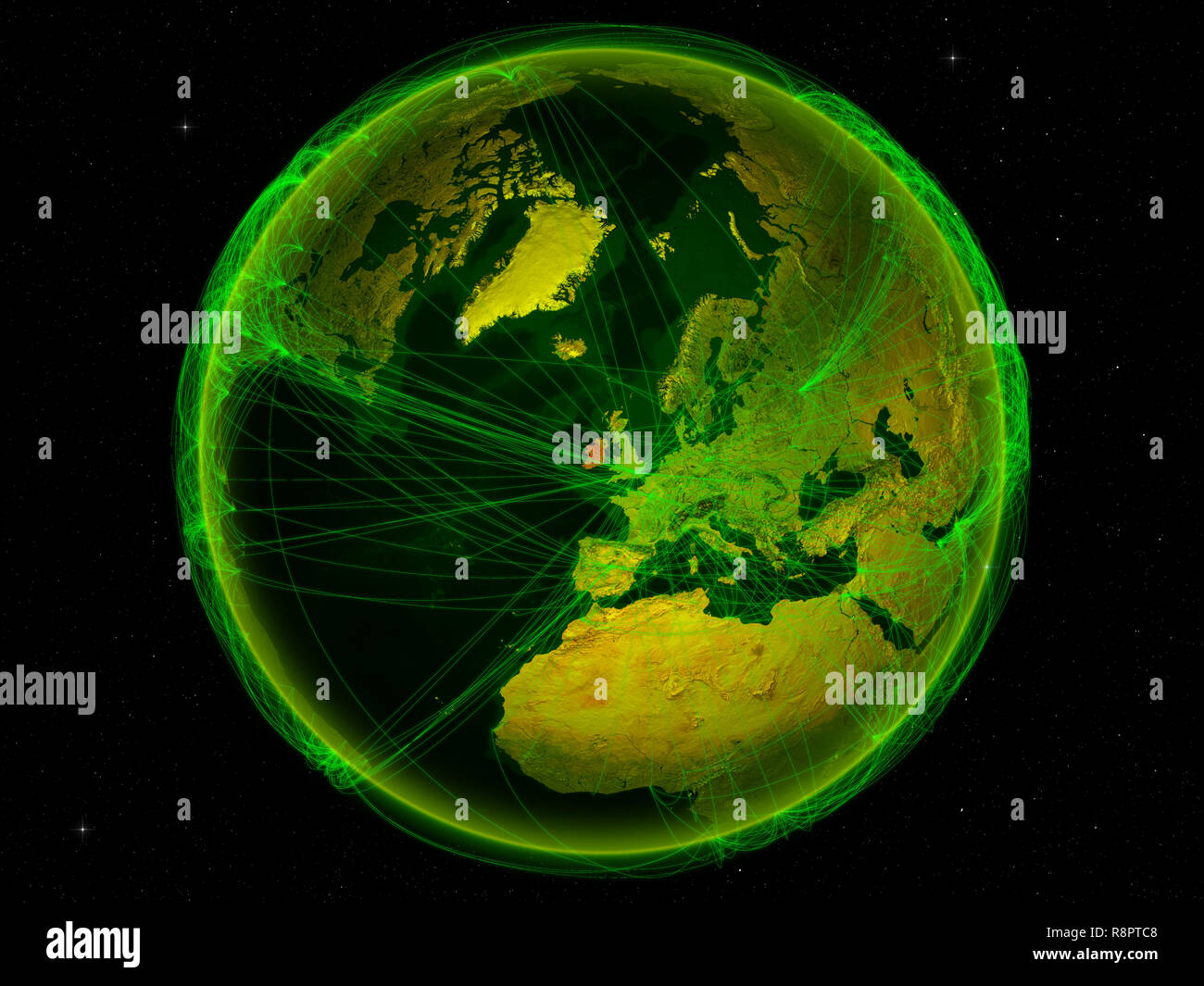 Ireland from space on planet Earth with digital network representing ...