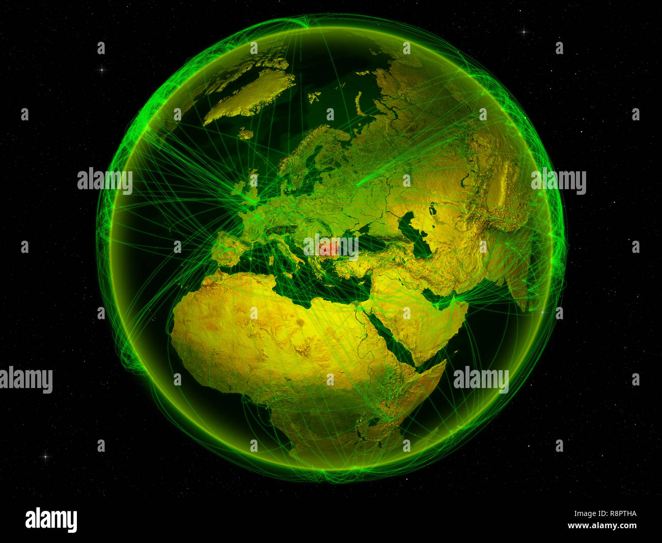 Bulgaria from space on planet Earth with digital network representing ...