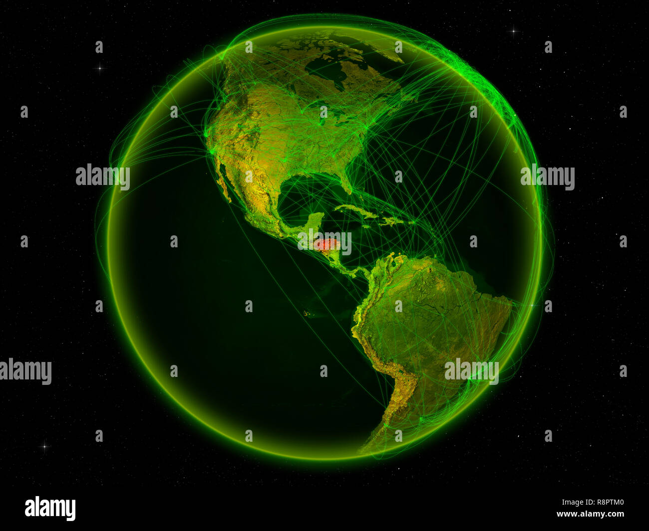 Honduras from space on planet Earth with digital network representing international ...