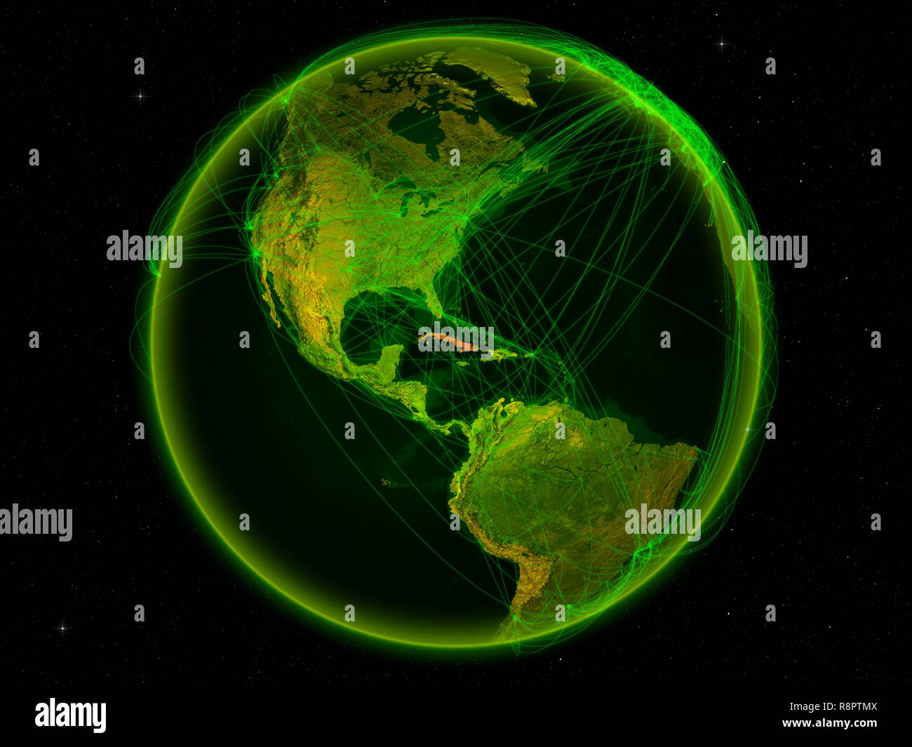 Cuba from space on planet Earth with digital network representing ...