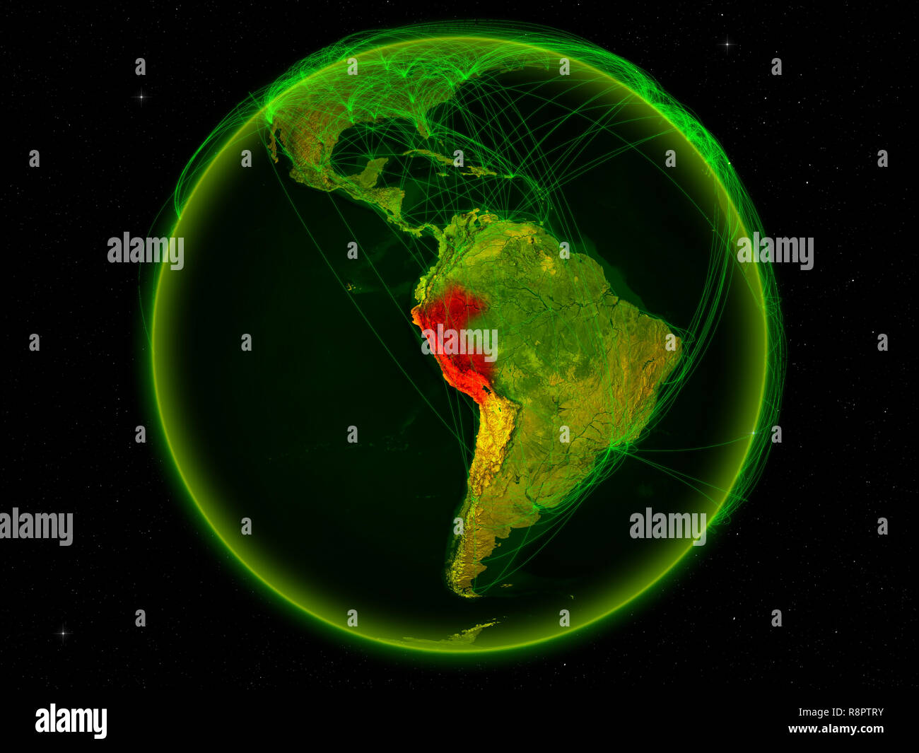 Peru from space on planet Earth with digital network representing ...
