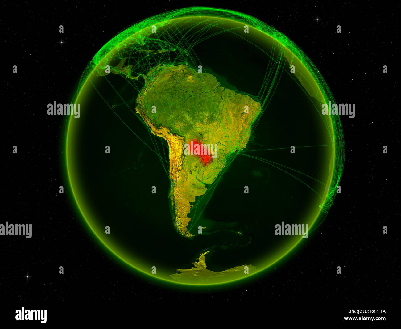 Paraguay from space on planet Earth with digital network representing ...