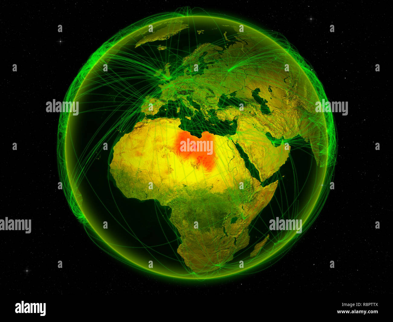 Libya from space on planet Earth with digital network representing ...
