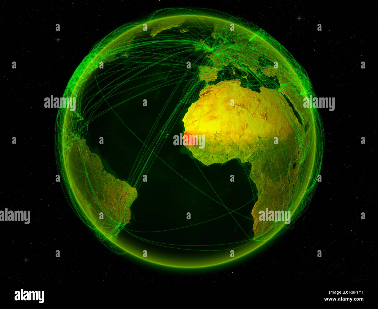 Senegal from space on planet Earth with digital network representing ...