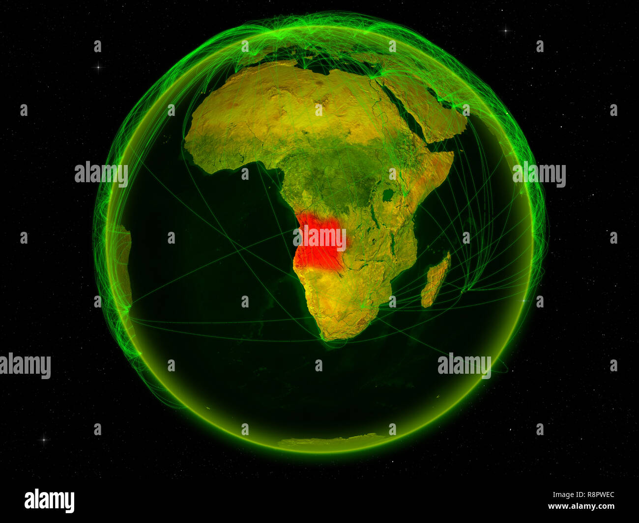 Angola from space on planet Earth with digital network representing ...