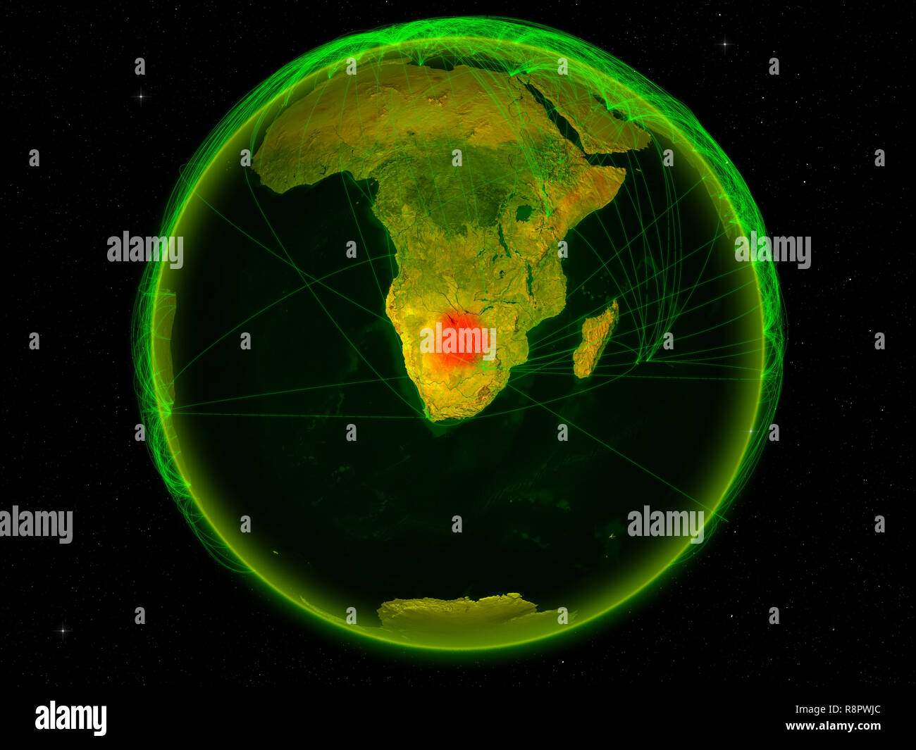 Botswana from space on planet Earth with digital network representing ...