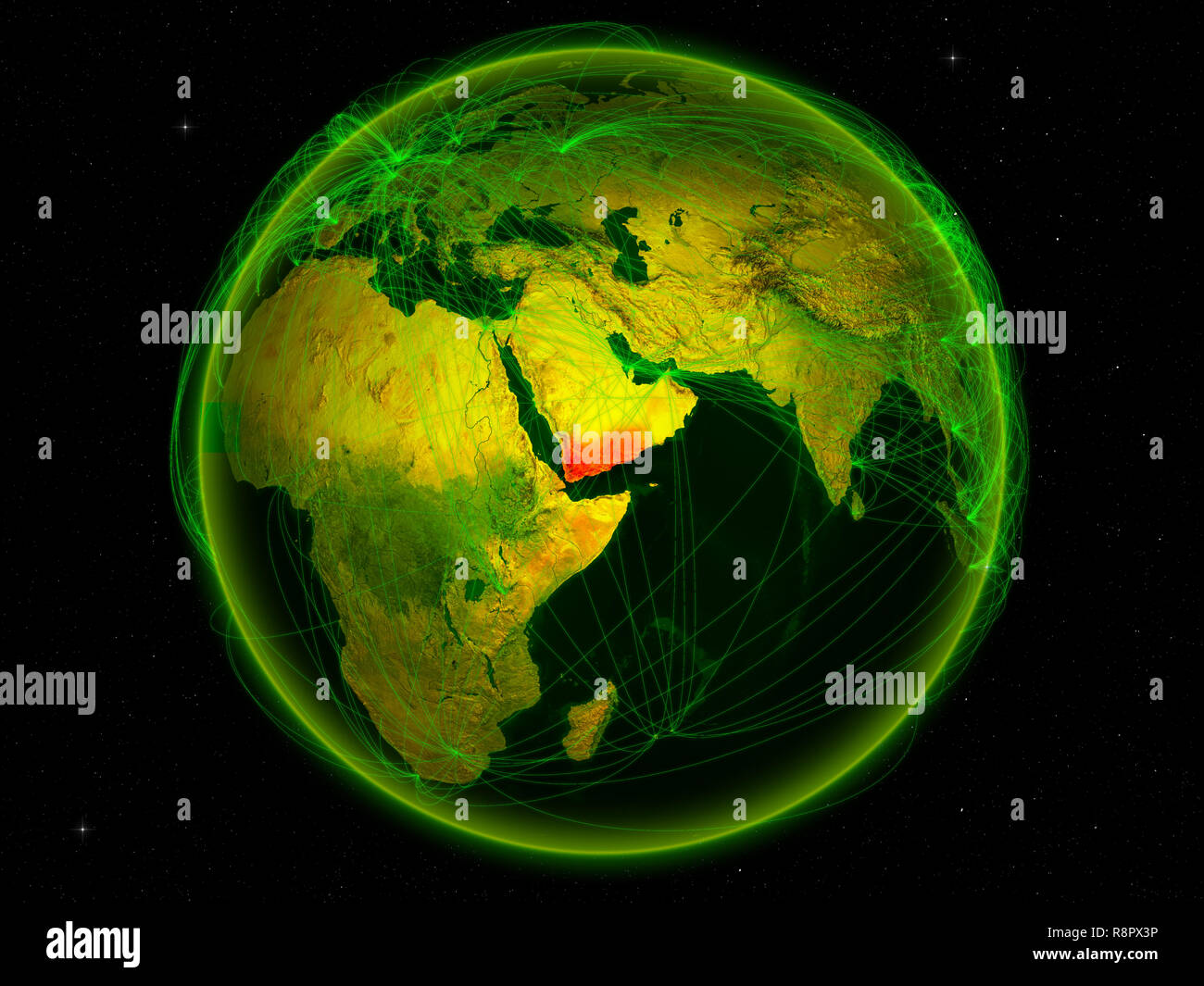 Yemen from space on planet Earth with digital network representing ...