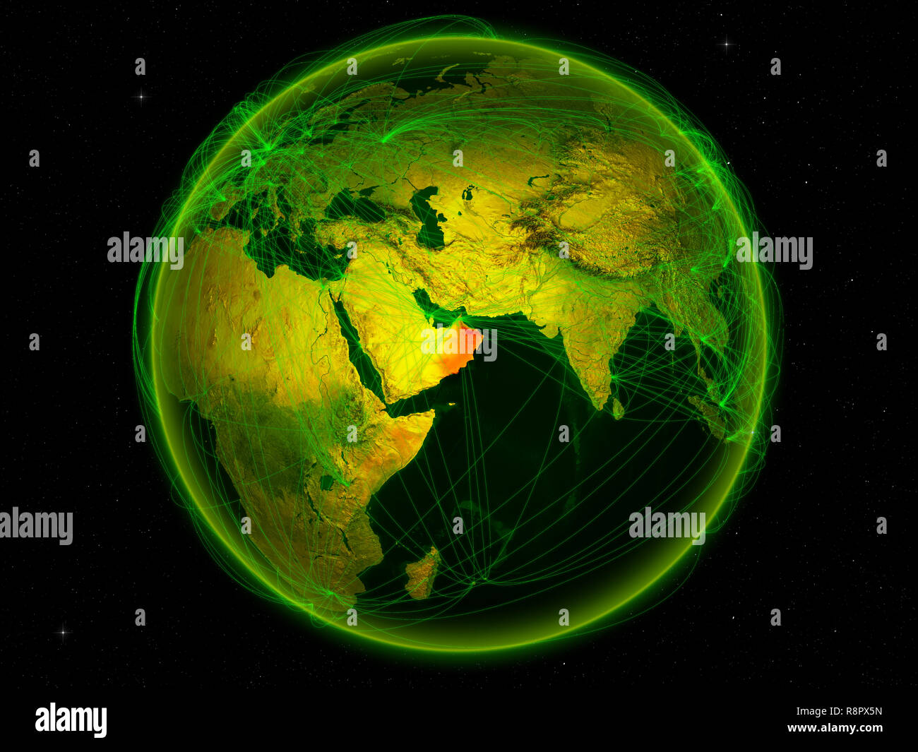 Oman from space on planet Earth with digital network representing ...