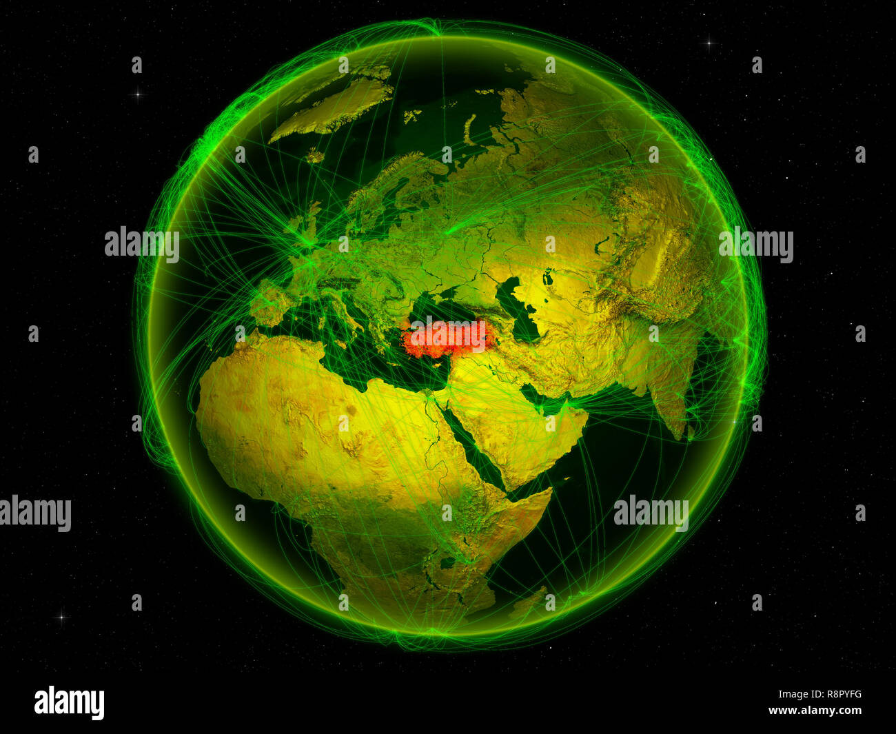 Turkey from space on planet Earth with digital network representing ...