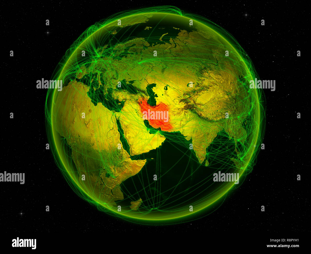 Iran from space on planet Earth with digital network representing ...