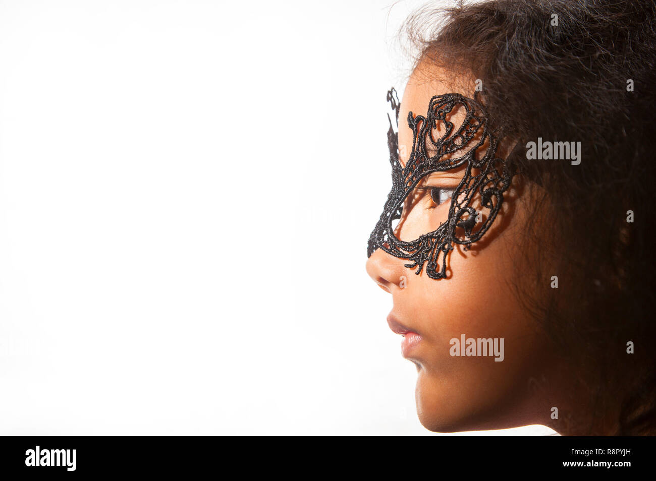 Face with black mask from side view pose. Mask woman wearing black ...