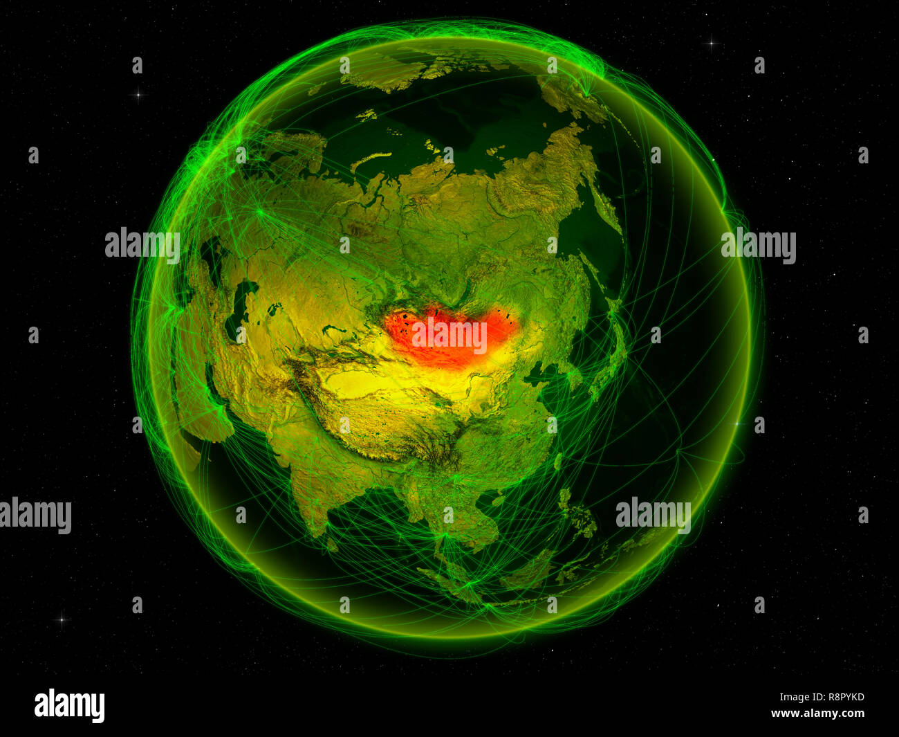 Mongolia from space on planet Earth with digital network representing ...