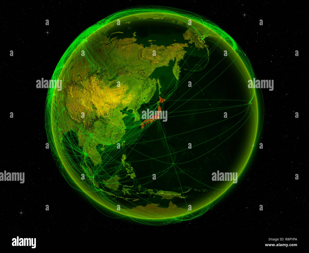 Japan from space on planet Earth with digital network representing ...