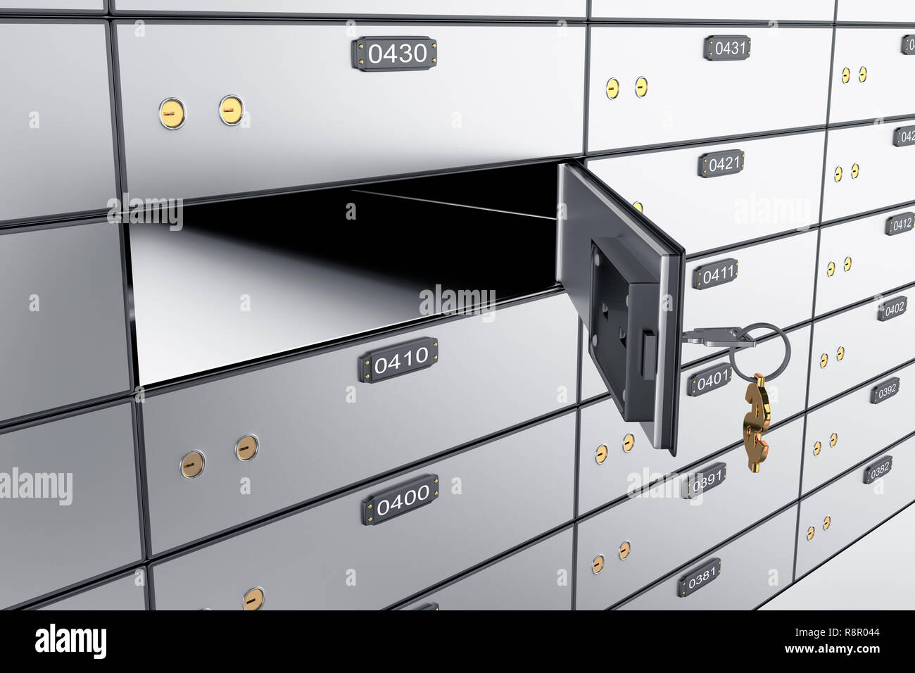3D safe deposit boxes with open one safe cell Stock Photo - Alamy