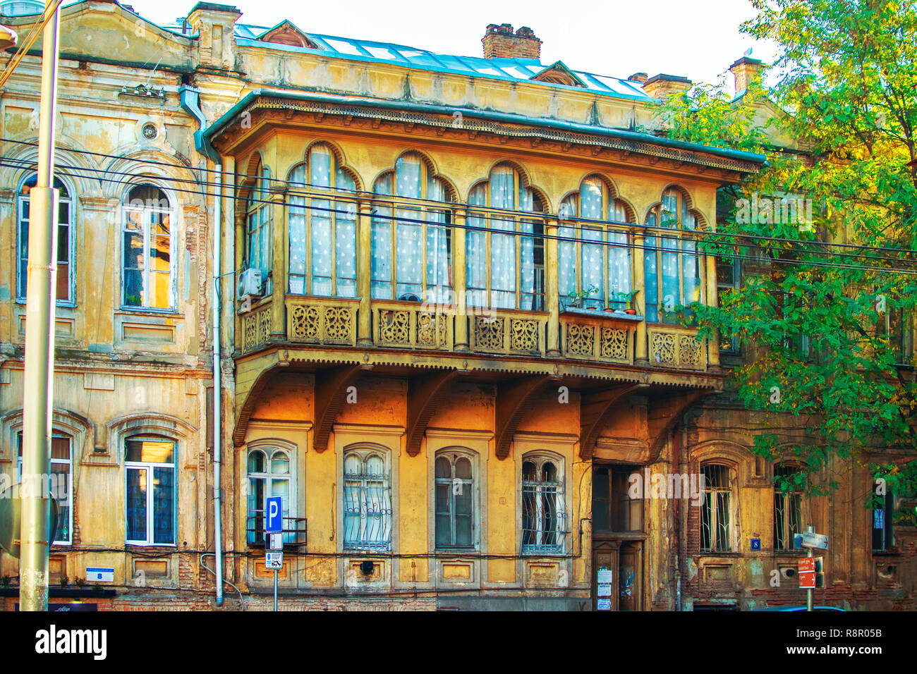 Big beautiful wooden Georgian style balcony on the street of Tbilisi ...