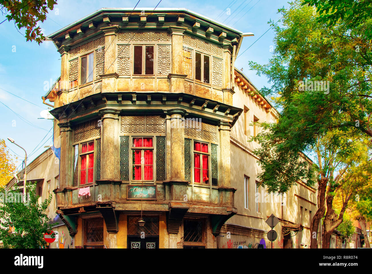 Unique old wooden building on the corner of the street in Tbilisi old ...