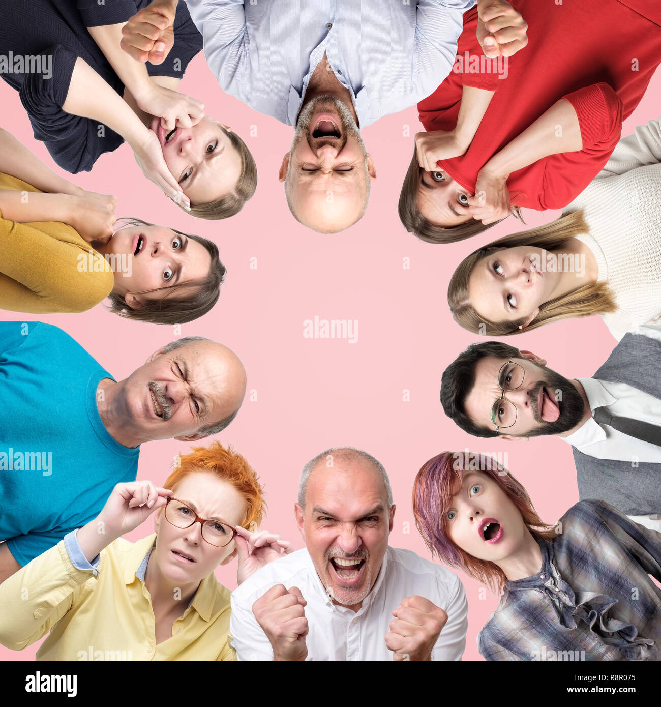 Circle collage of different men and women showing sad and negative ...