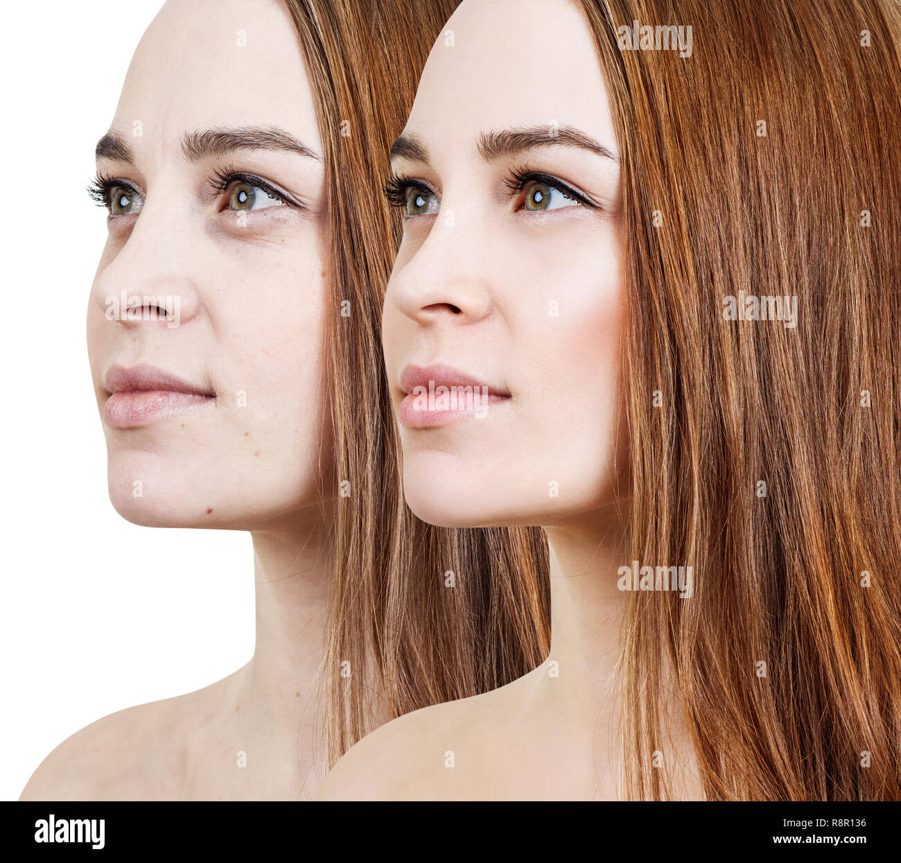 Comparison portrait of young woman before and after retouch Stock Photo ...