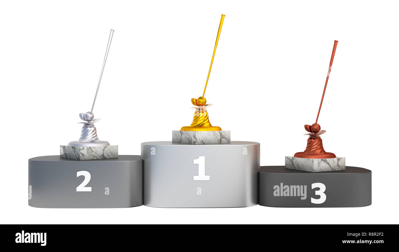 Front View of a Podium with Golf Trophies on a white background Stock ...