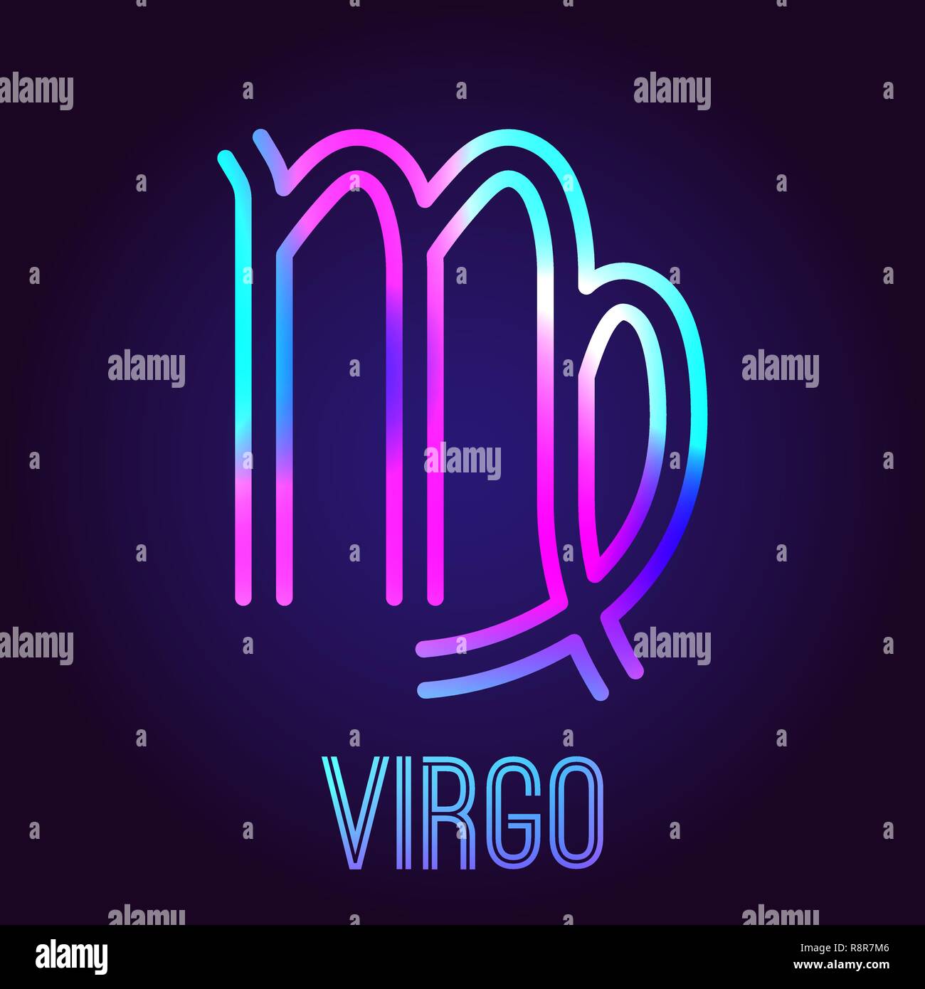 Maiden, zodiac sign. The neon multi-colored shining badge on a dark ...