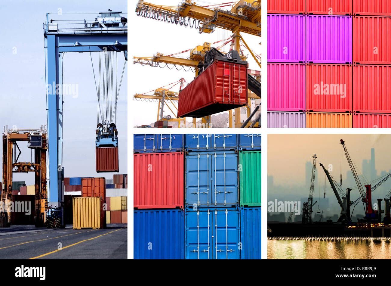 collage of industrial cranes for cargo containers in port Stock Photo ...