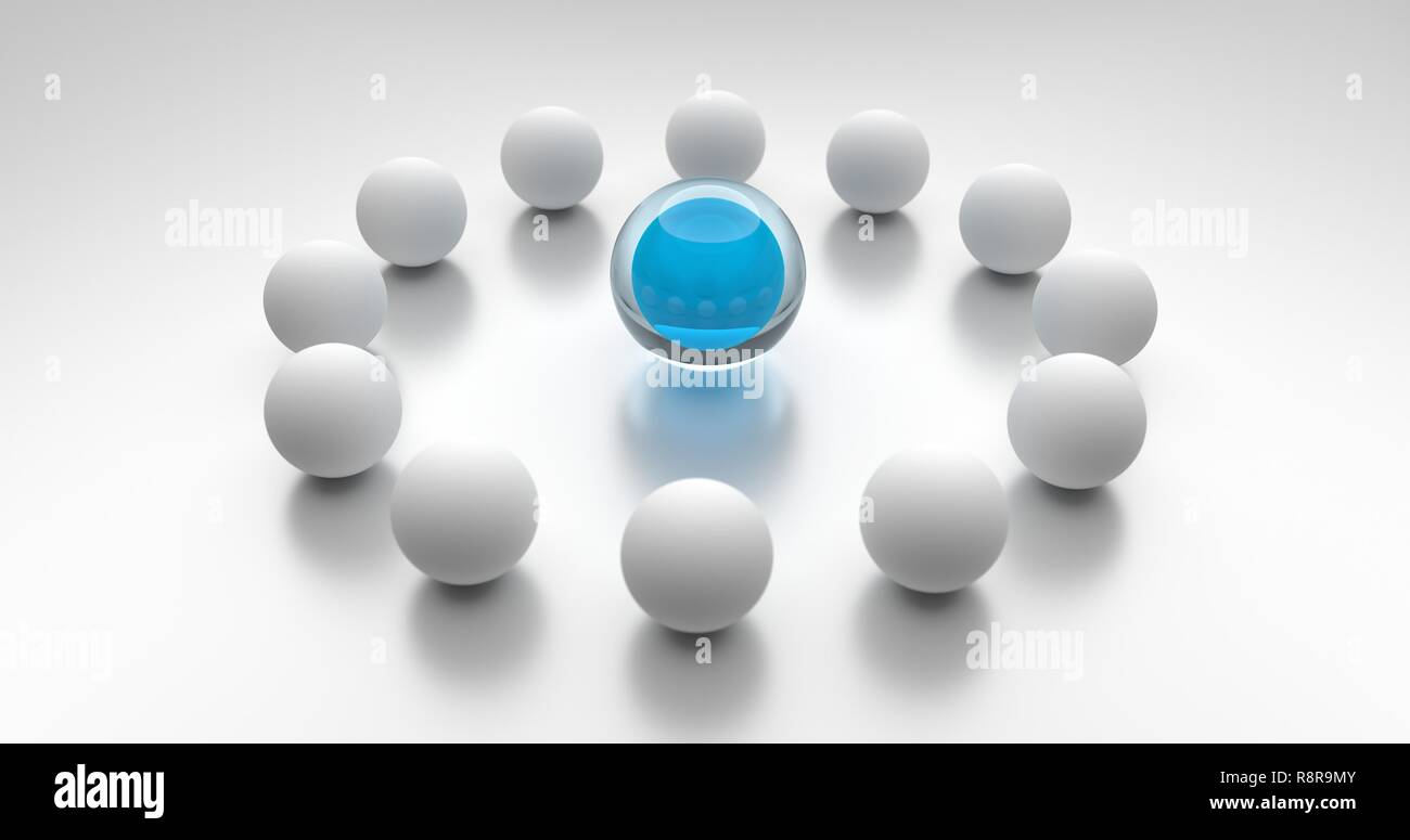 Concept for a meeting or teamwork. Blue ball is the focus. White balls ...