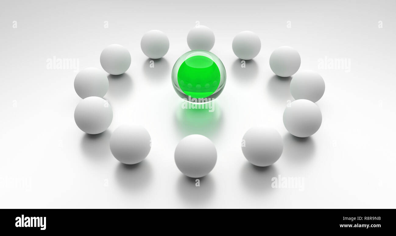 Concept for a team meeting. A green ball in the middle of the circle ...