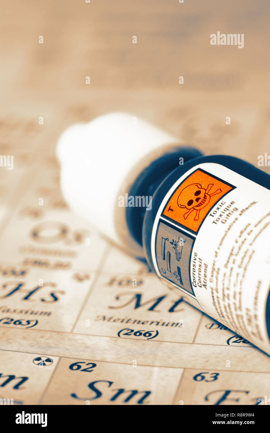 Chemical in a bottle with a toxic warning label on the Periodic table ...
