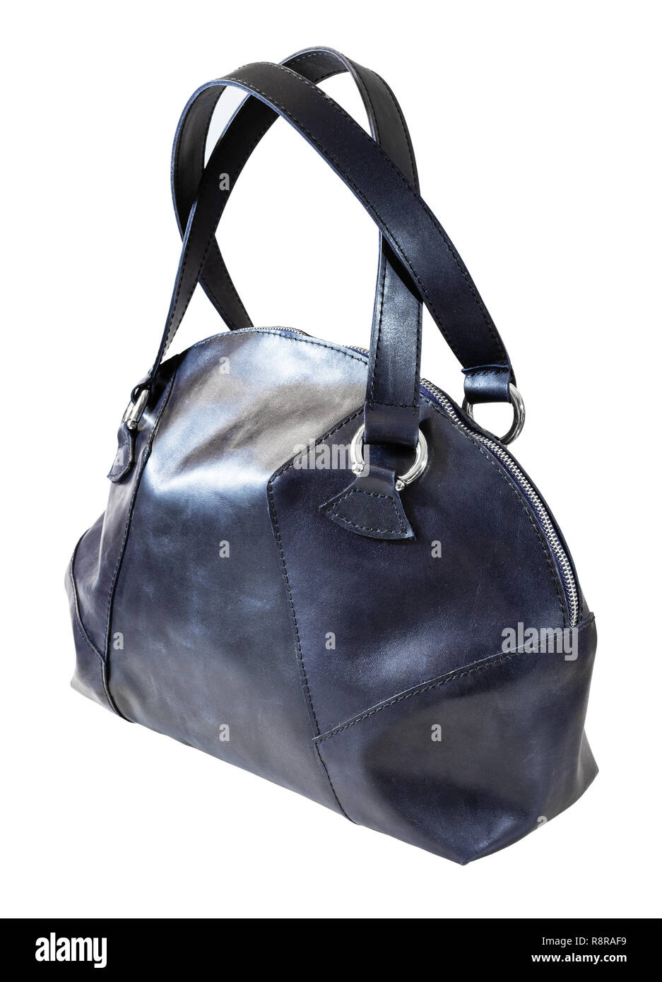 front view of handmade dark blue leather handbag isolated on white ...