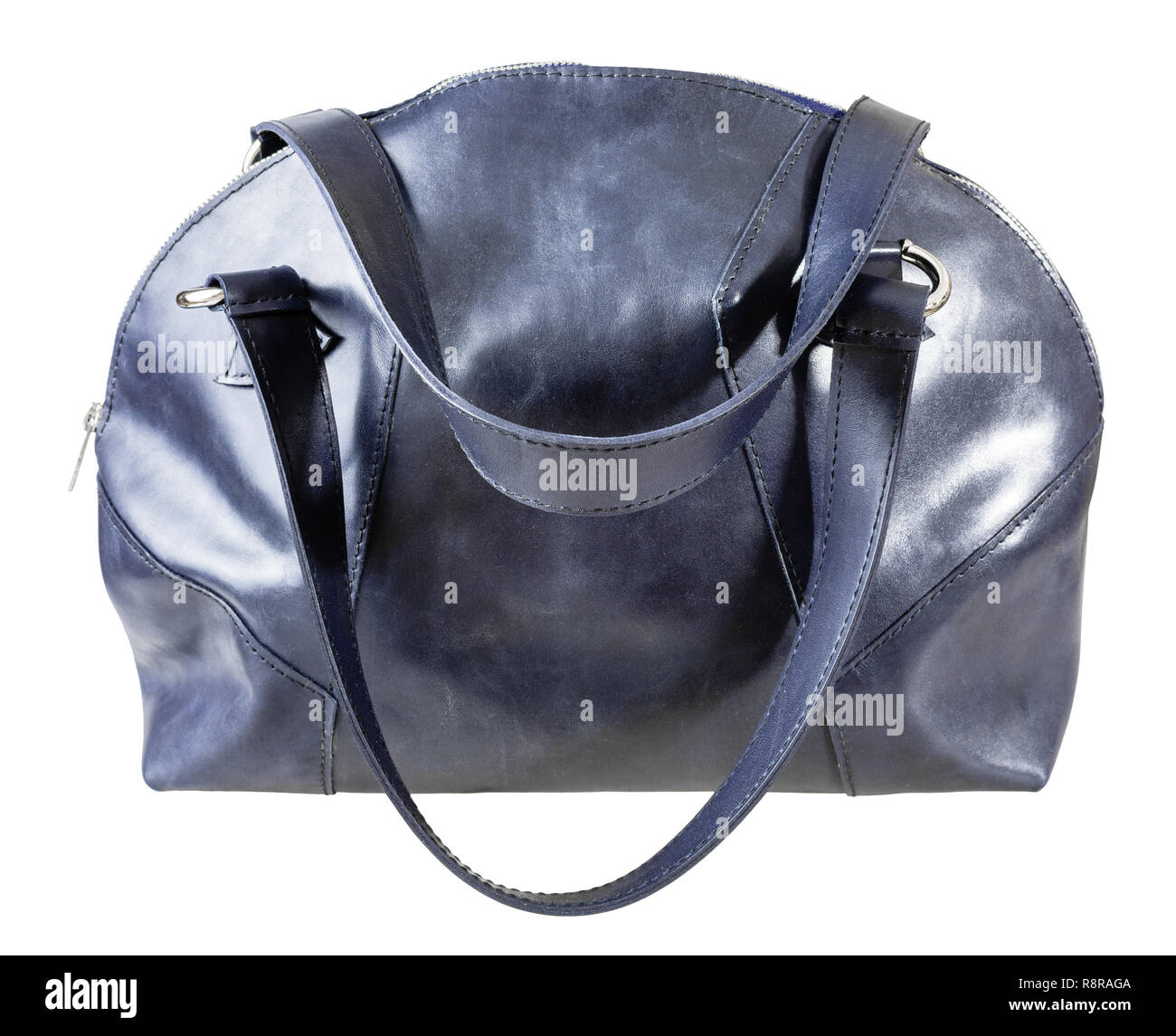 side view of handmade dark blue leather handbag isolated on white ...