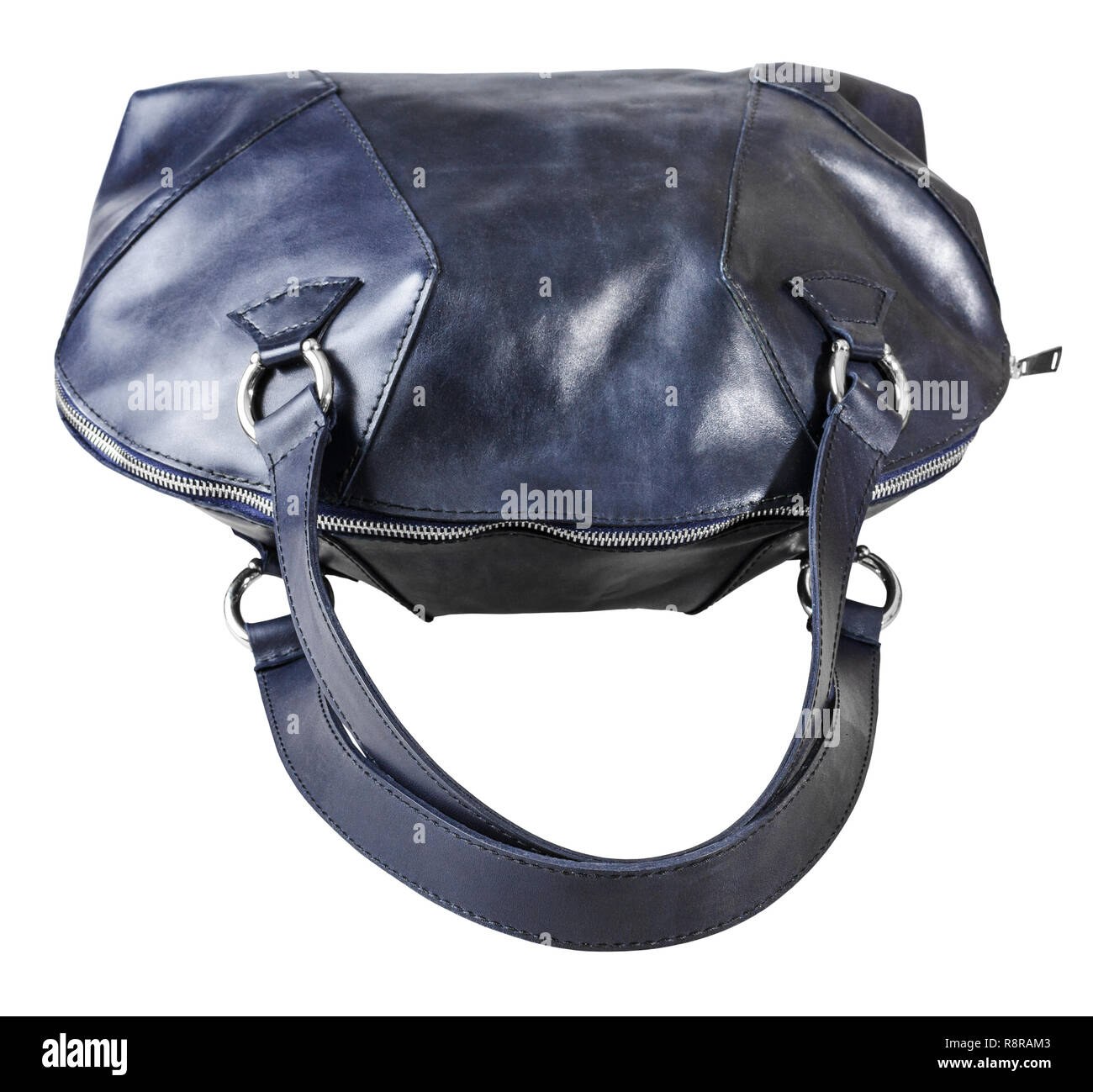 top view of handmade dark blue leather handbag isolated on white ...