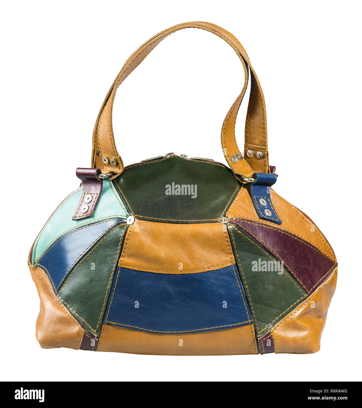side view of handmade patchwork leather multicolored handbag isolated ...