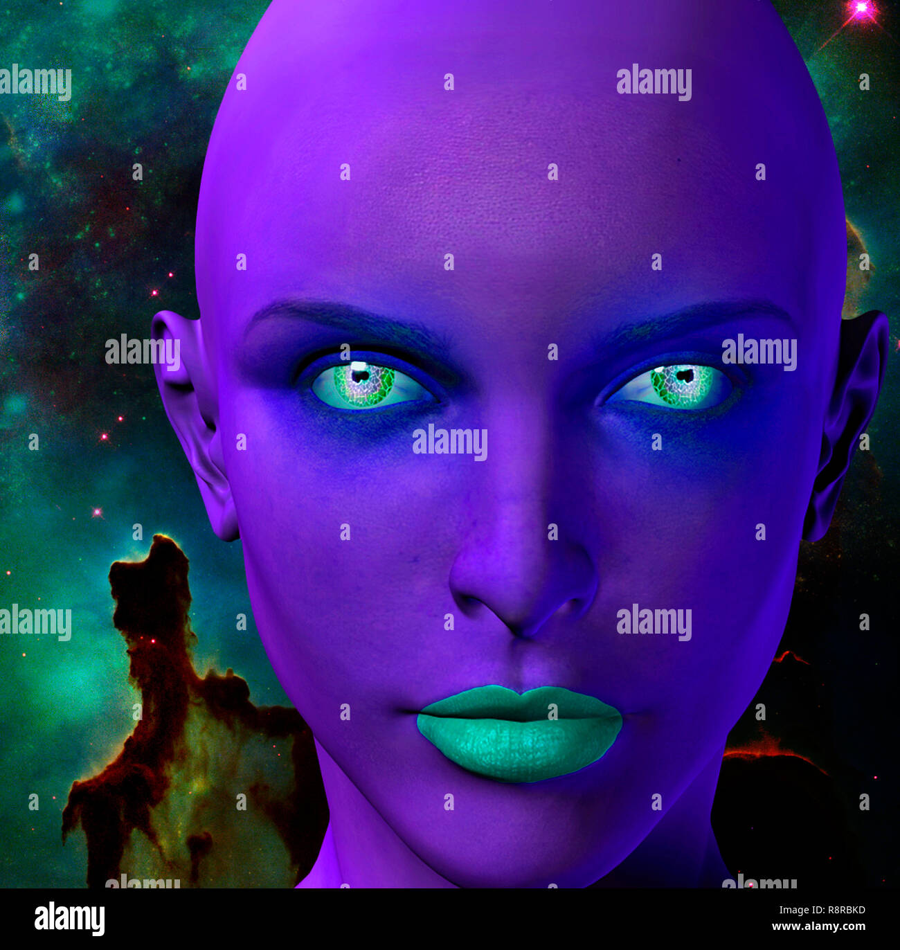 The face of female alien. Colorful universe on a background Stock Photo ...