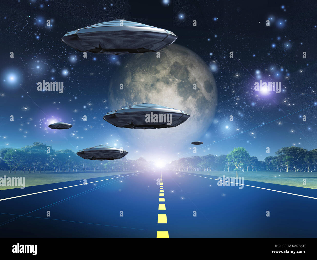 Full moon seen from earth. Flying saucers over the highway Stock Photo ...