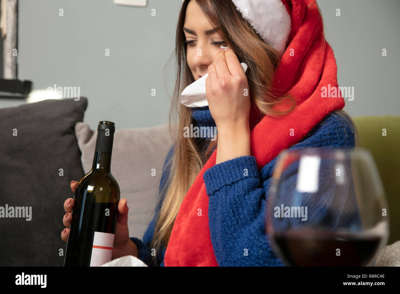 beautiful girl crying, despair of loneliness, drinking wine, close up ...