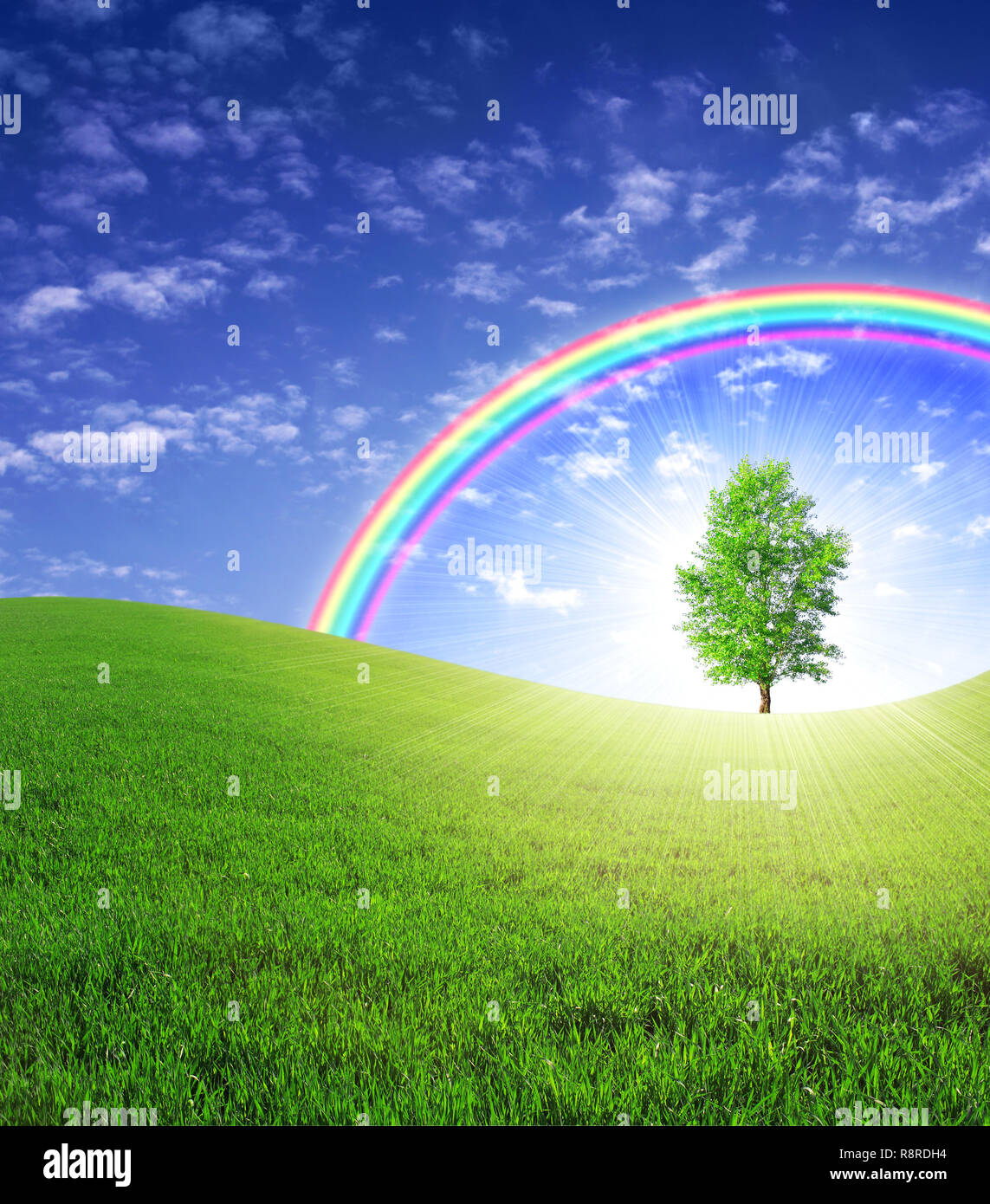 Beautiful autumn landscape with bright rainbow Stock Photo - Alamy