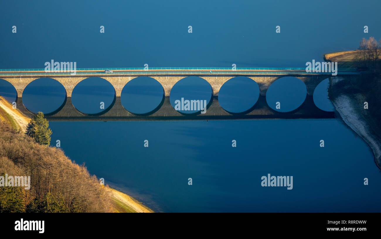 Versetalsperre, verses, bridge with round columns, circles, reflections ...