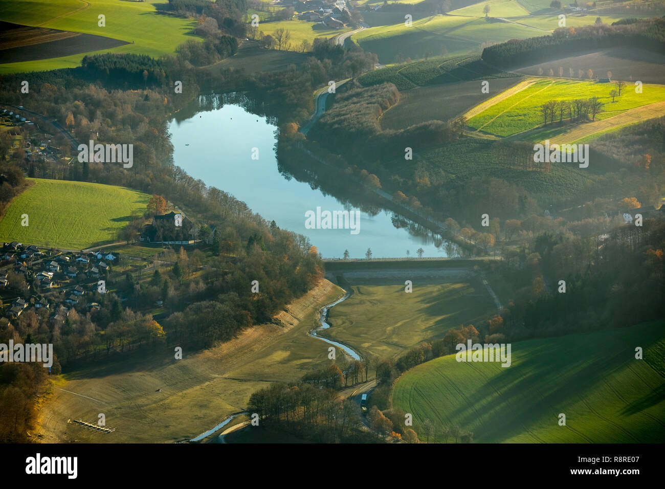 Aerial View, hen lake, reservoir, low water, water shortage, drought ...