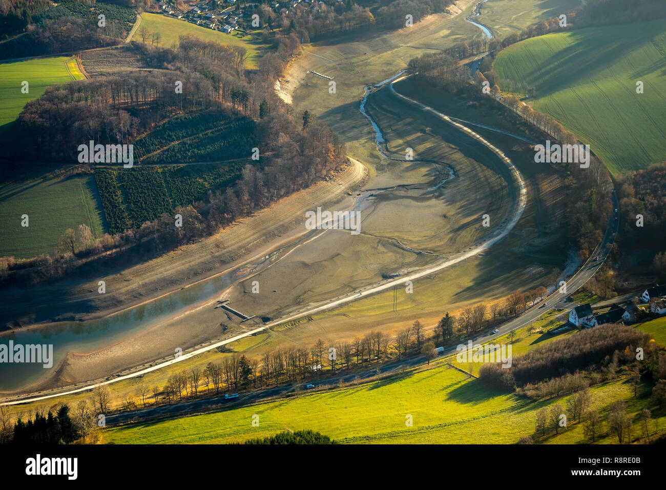 Aerial View, hen lake, reservoir, low water, water shortage, drought ...
