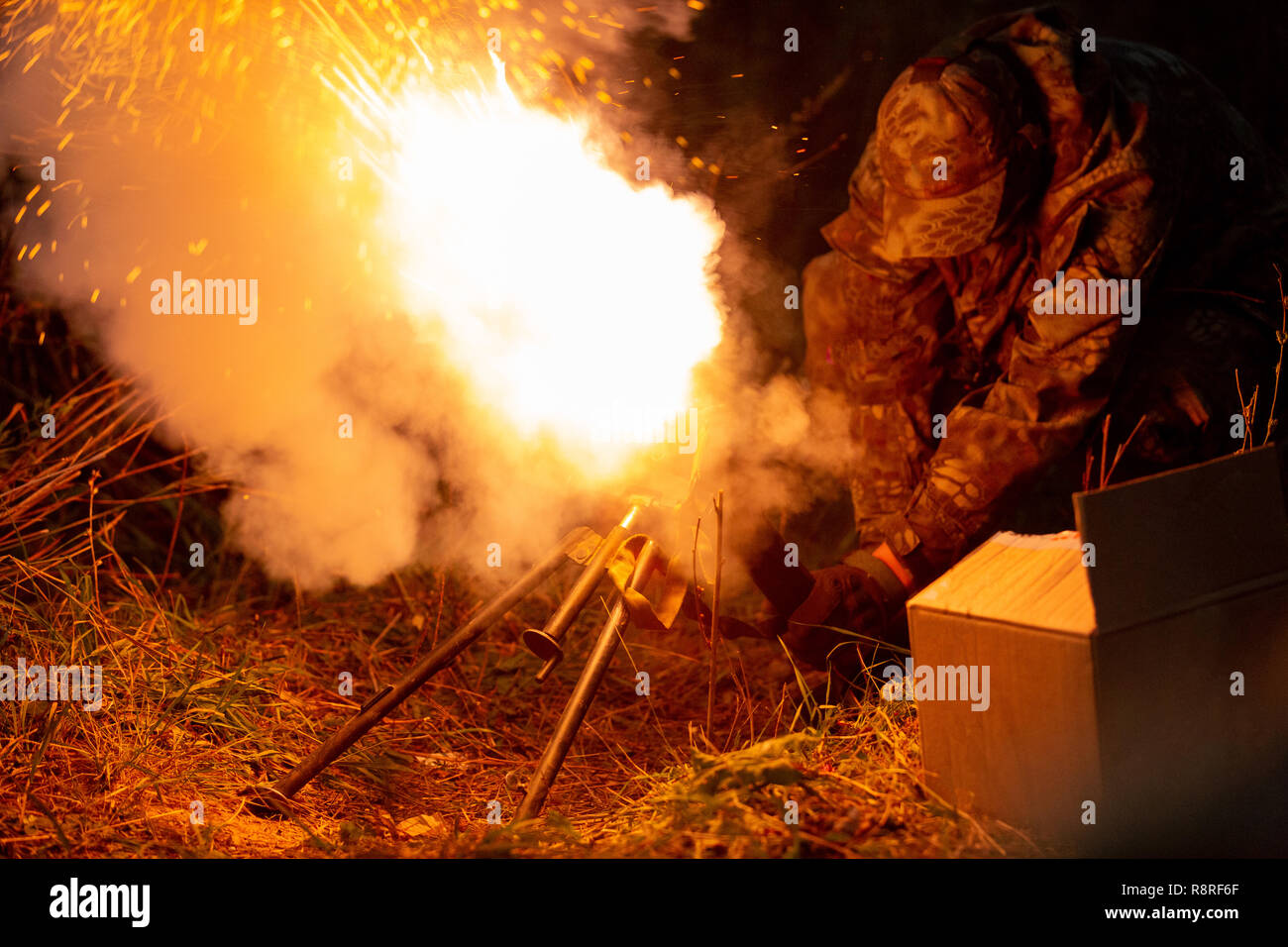 Rocket launch with fire clouds. Battle scene with rocket Missiles with ...