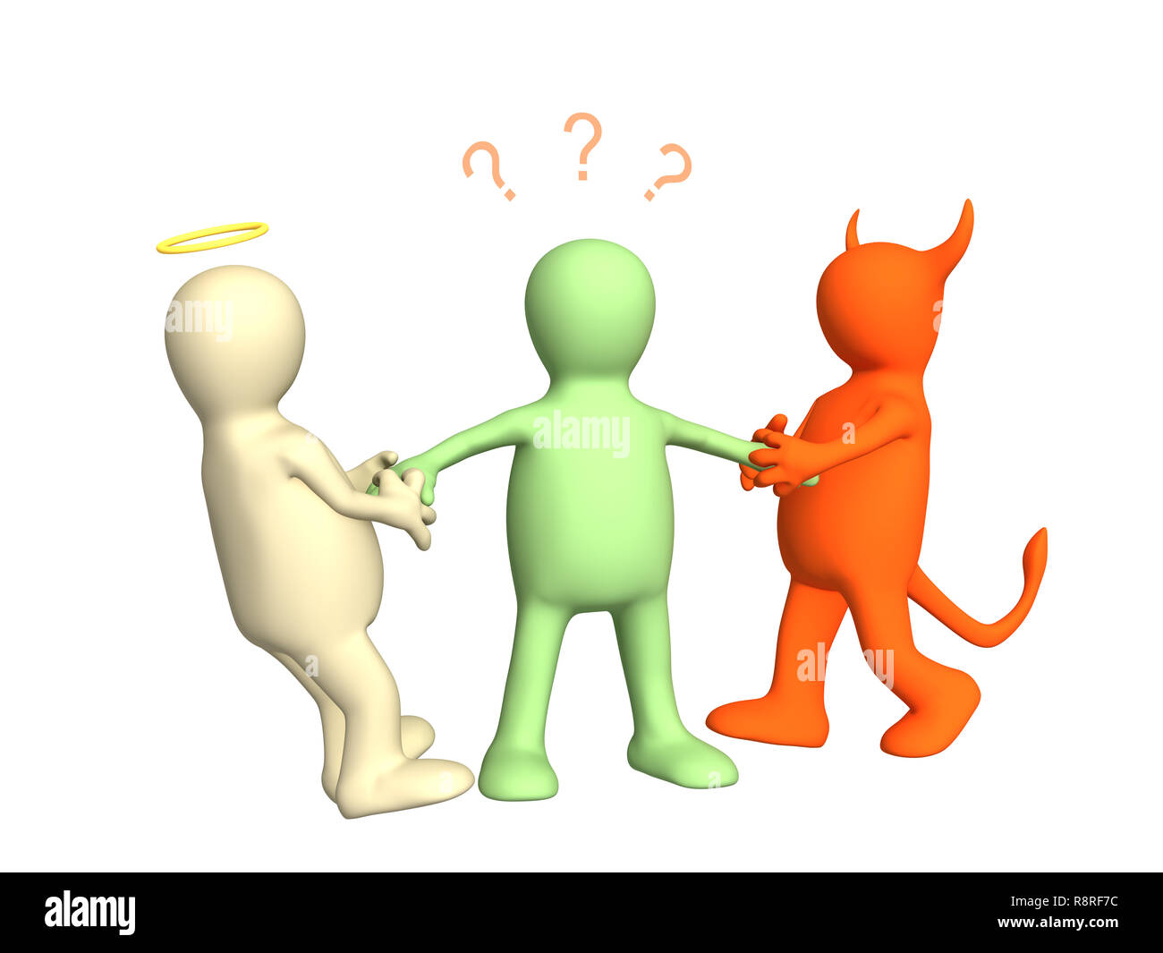 3d devil and angel pulling person for hands Stock Photo - Alamy