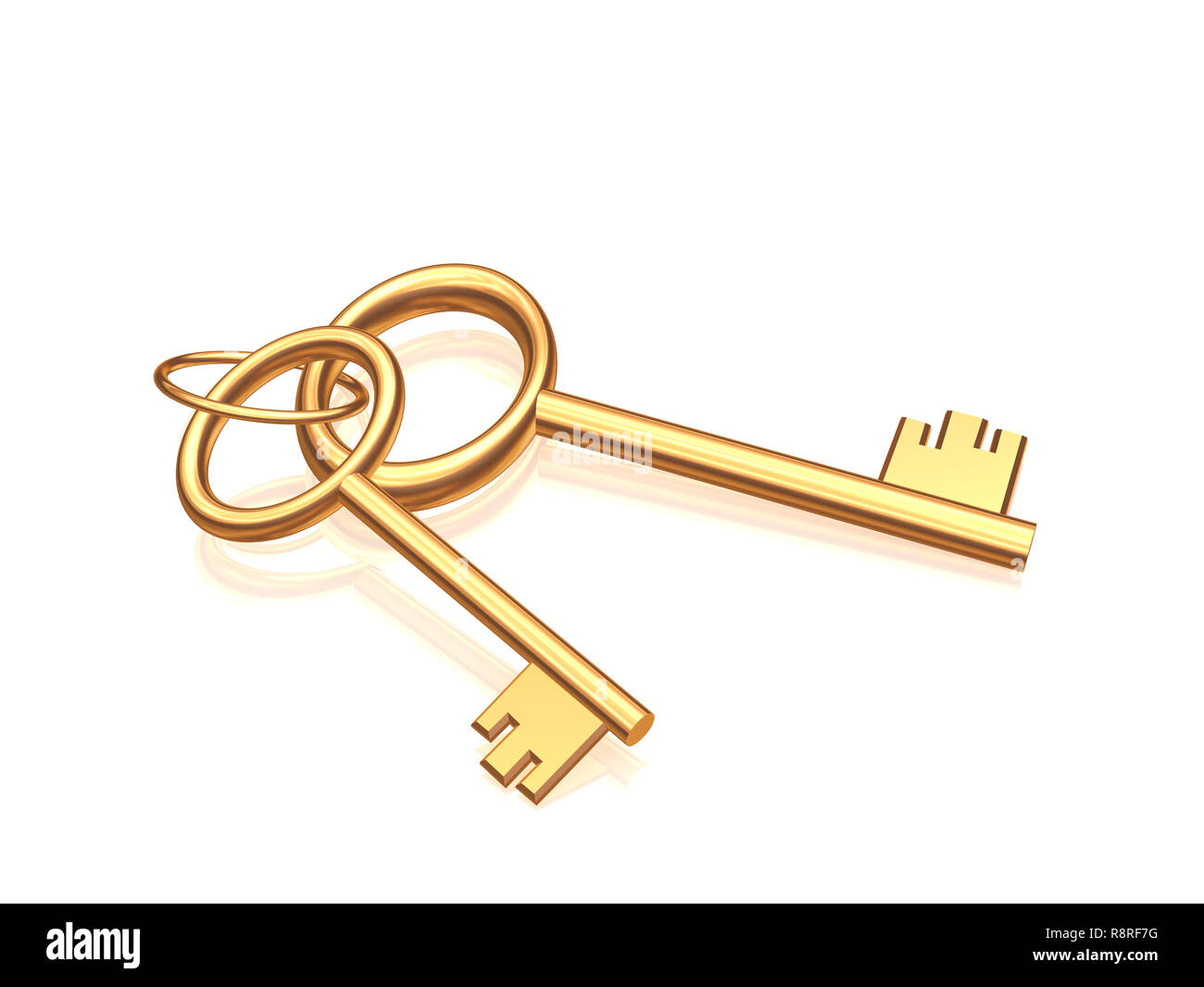 Two gold keys on a glossy white background. Objects over white Stock ...
