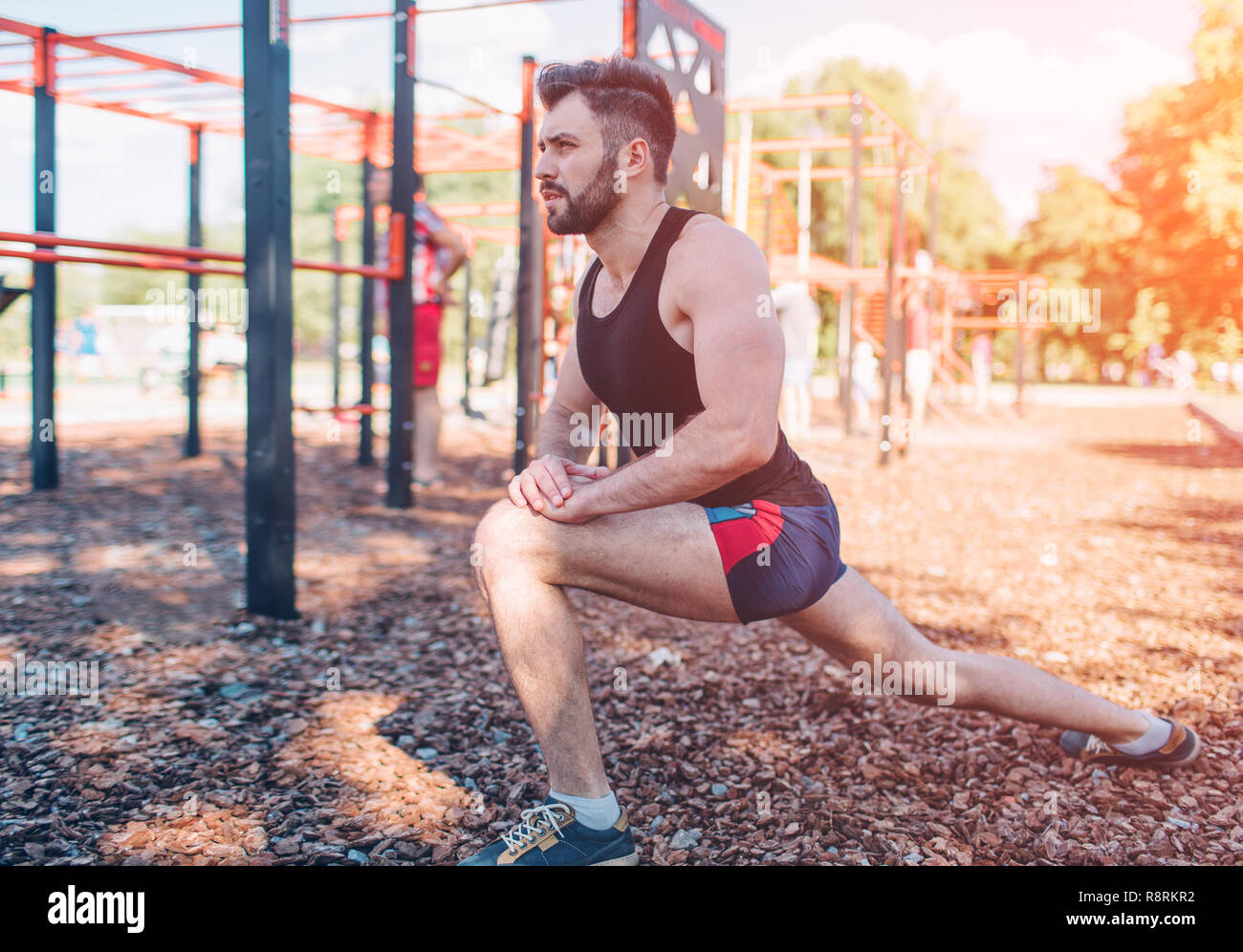 Man doing arms exercise. Industrial workout. Warming before sport ...
