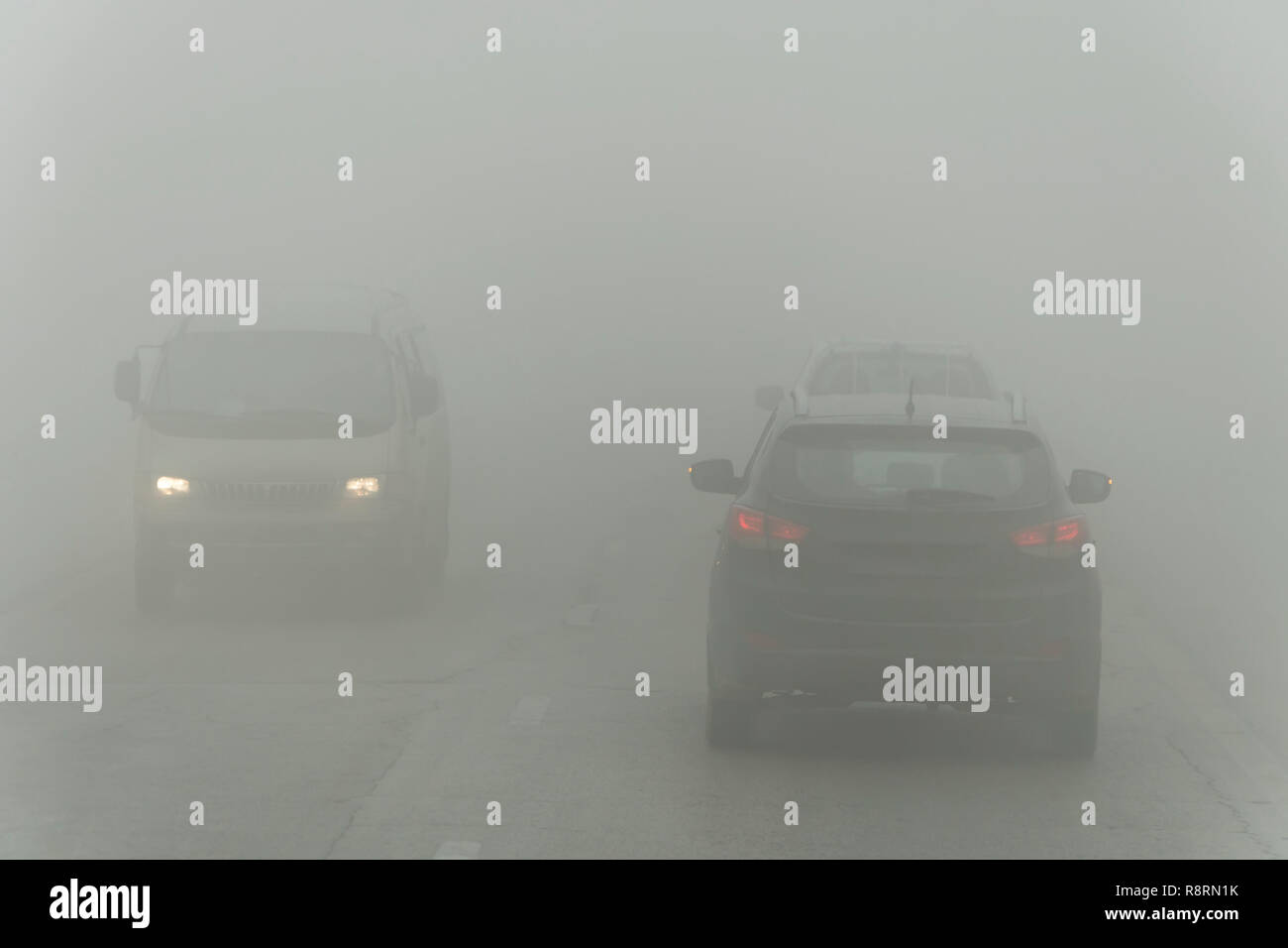 Dense fog and poor visibility on the road. Dangerous driving situations ...