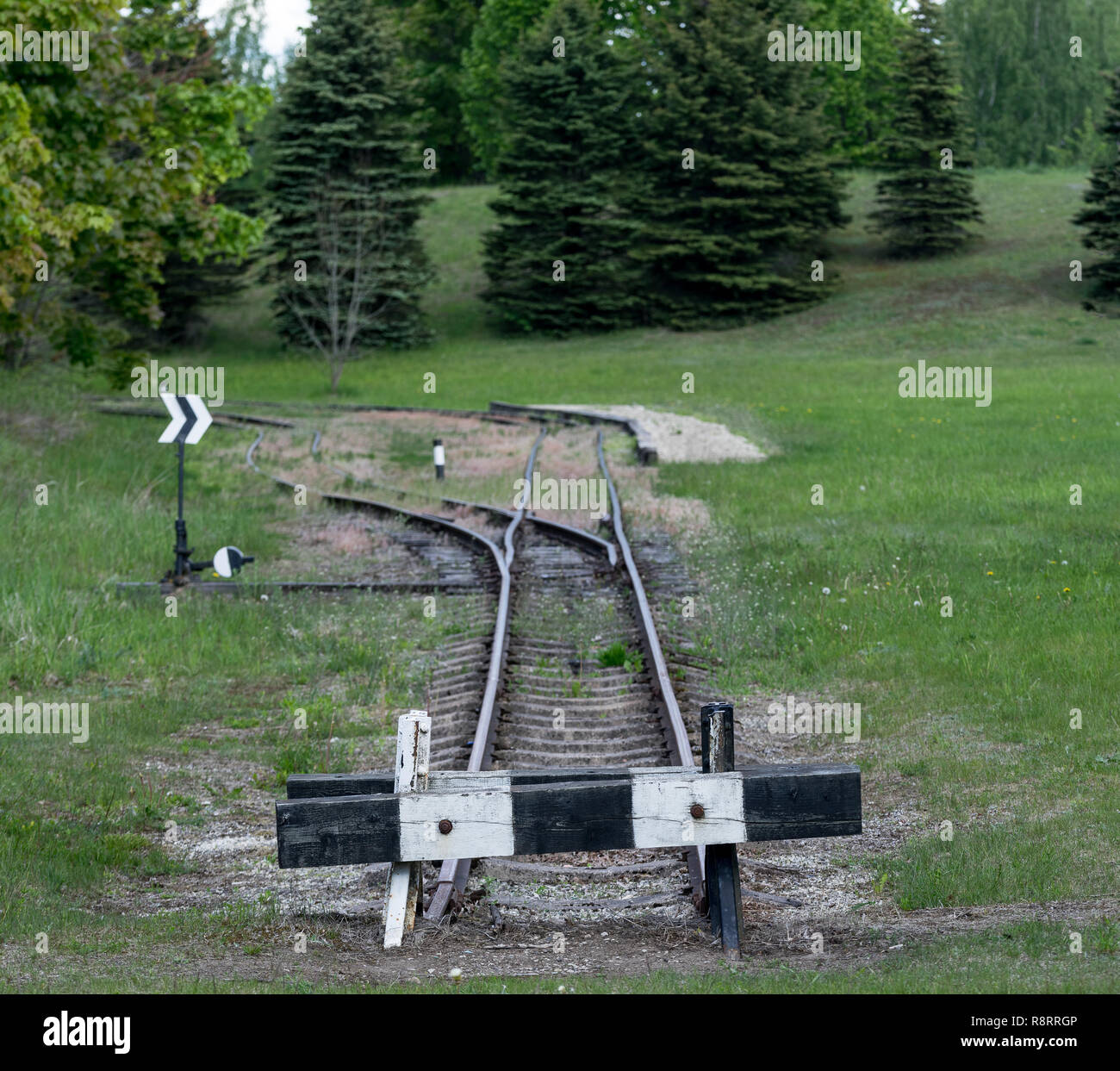 Railroad tracks stretches and green grass and trees. Railway road ...