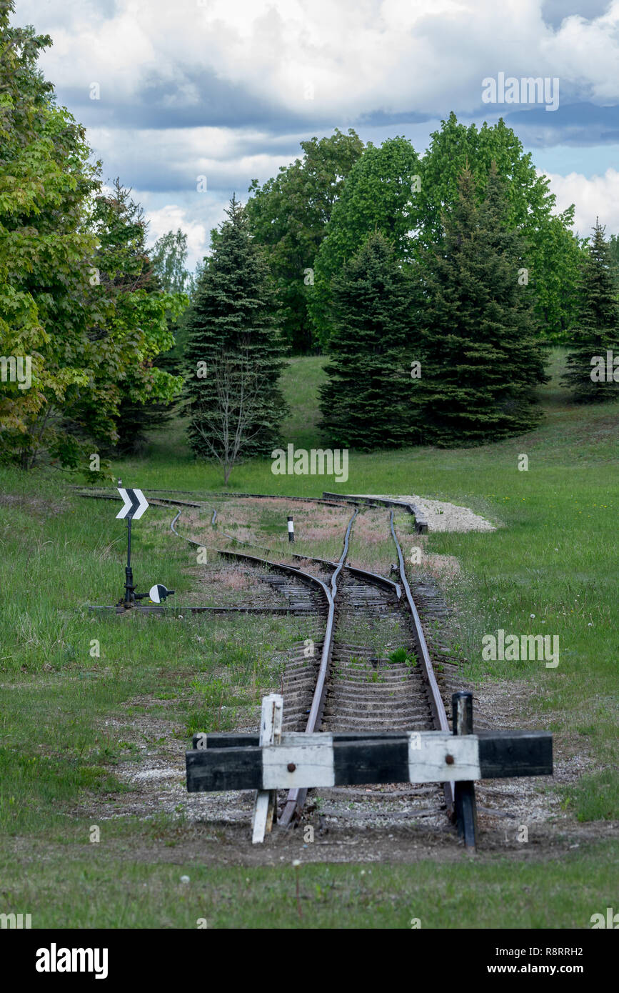 Railroad tracks stretches and green grass and trees. Railway road ...