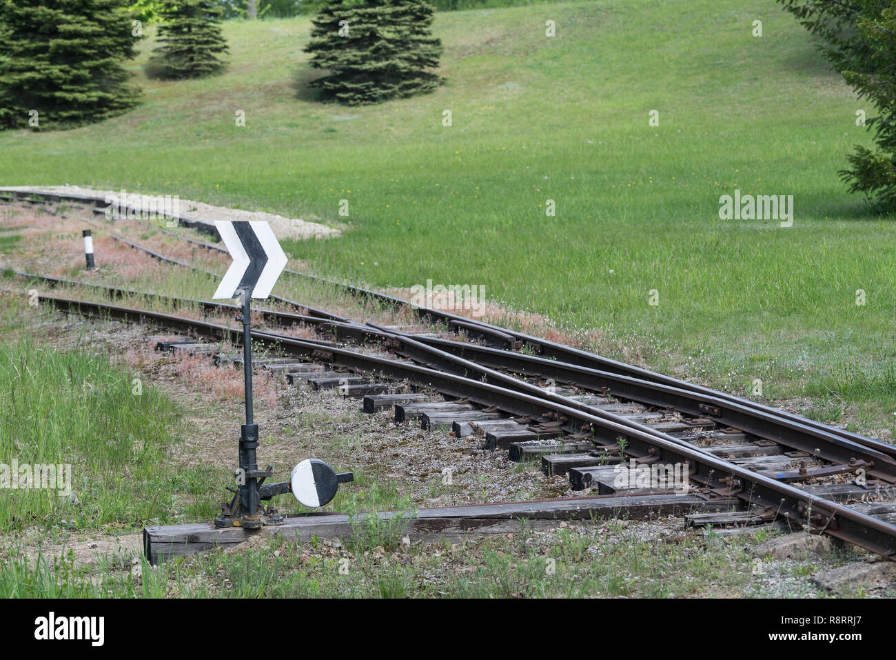 Railroad tracks stretches and green grass and trees. Railway road ...