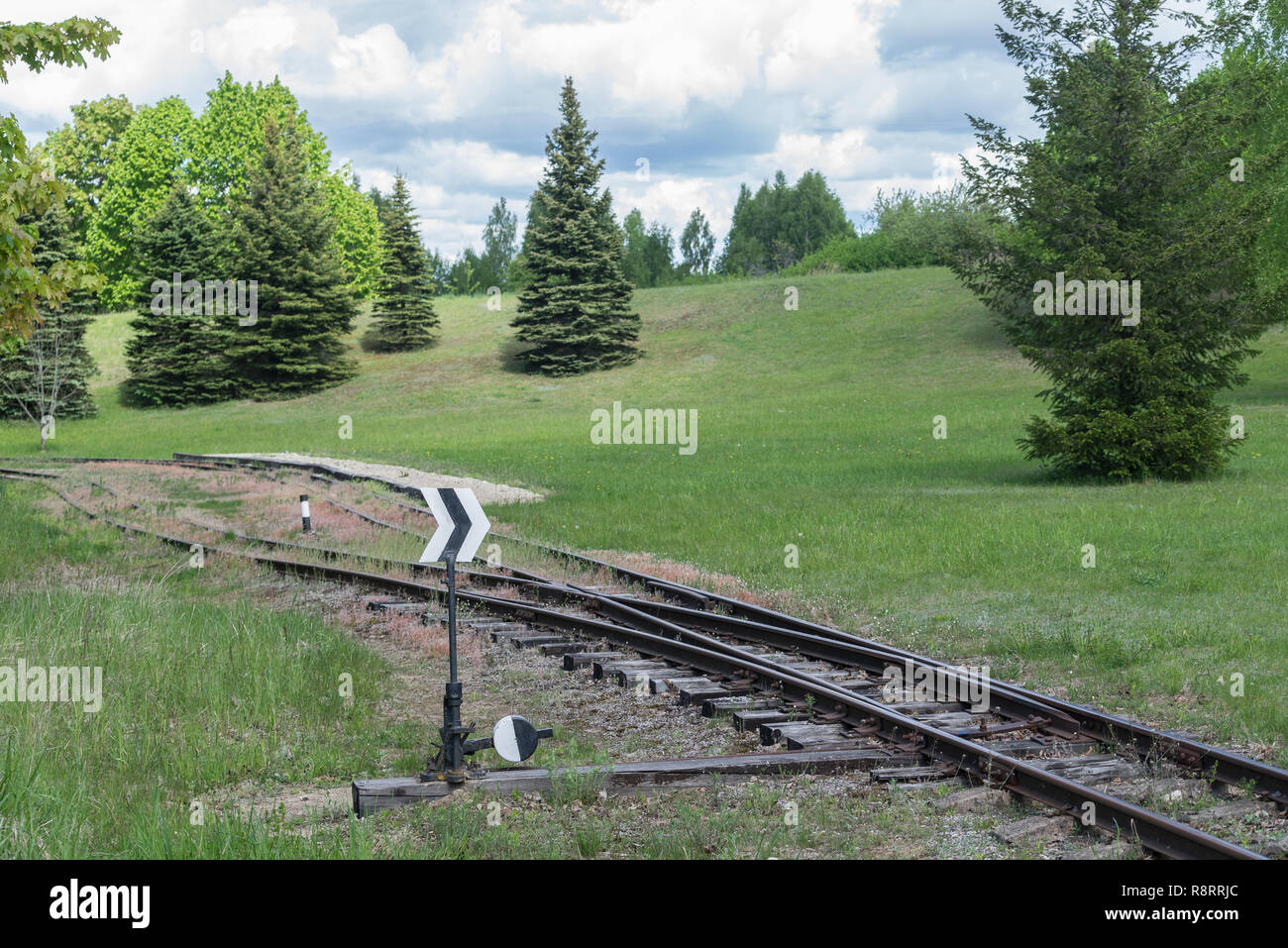 Railroad tracks stretches and green grass and trees. Railway road ...